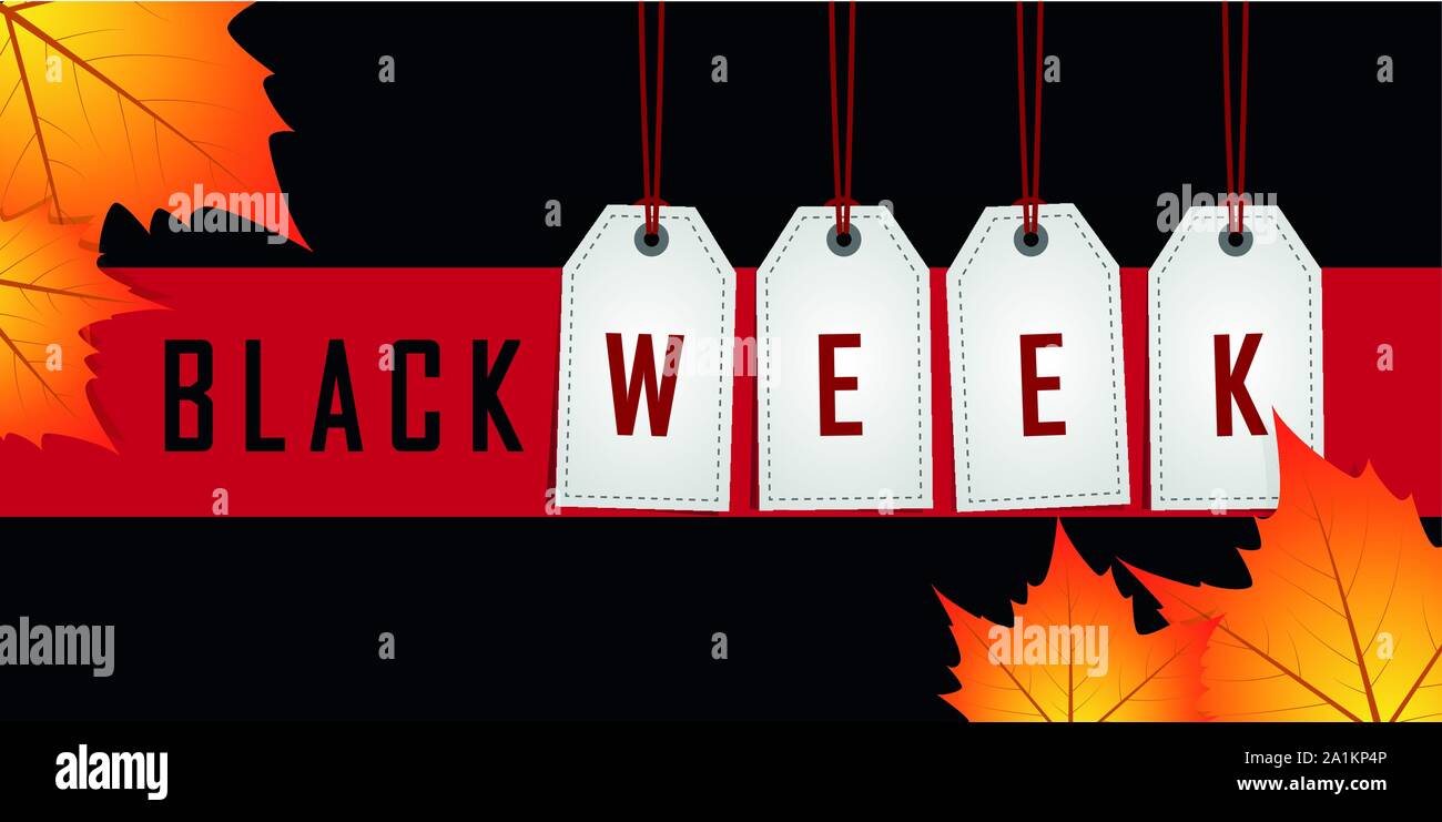 black week promotion hanging label on red background with autumn leaves ...