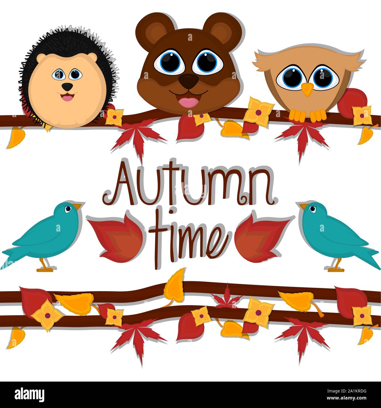 Autumn time card with a cute porcupine, bear and owl - Vector Stock ...