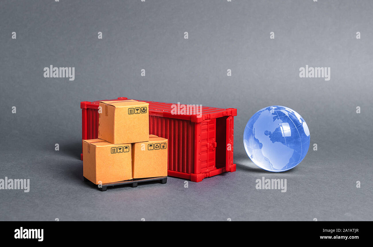 Red cargo container with boxes and blue planet earth glass ball ...