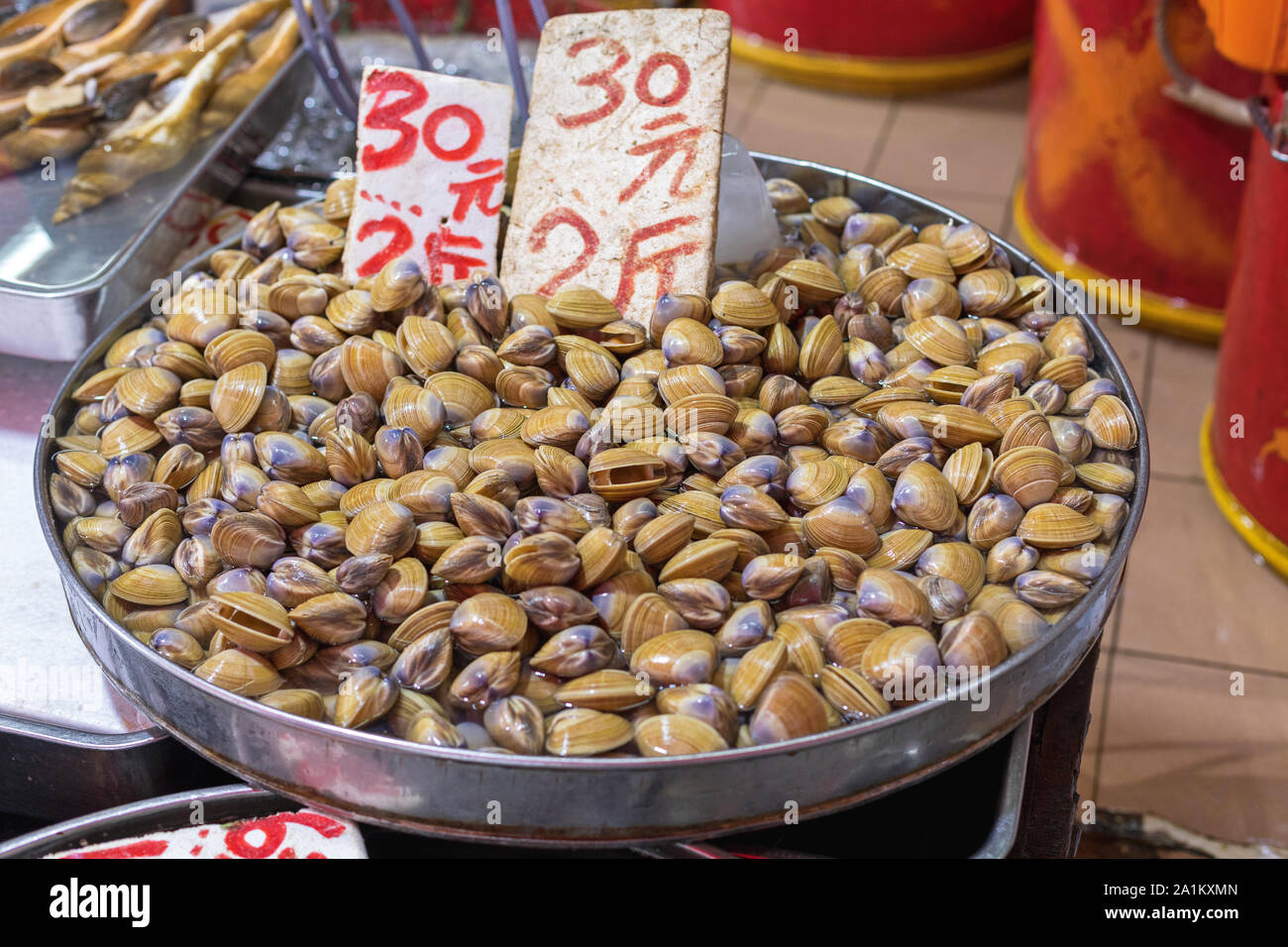 Fresh Clams Shells Seafood in Tray at Fish market Stock Photo - Alamy