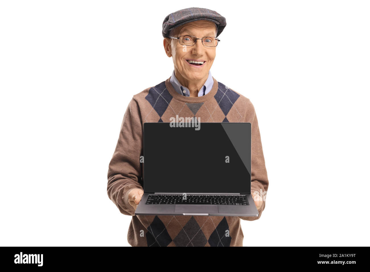Senior gentleman holding a laptop computer and smiling isolated on ...