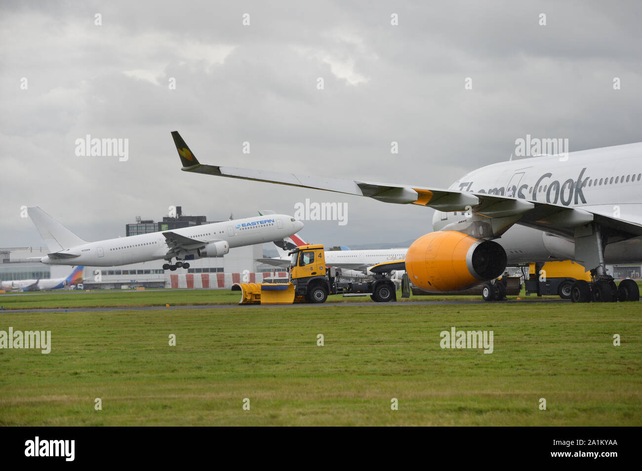 Repatriation flight taking off with grounded thomas cook hi-res stock ...