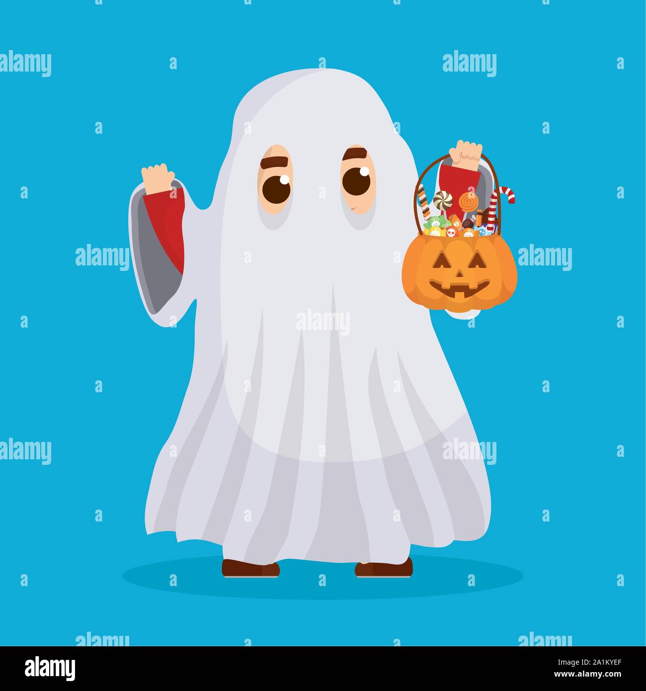 little boy with ghost disguise and candies pumpkin Stock Vector Image ...