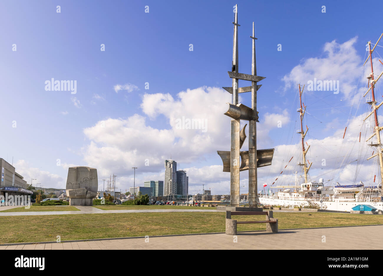 View at two monuments located on South Pier in Gdynia, Poland. Monument ...