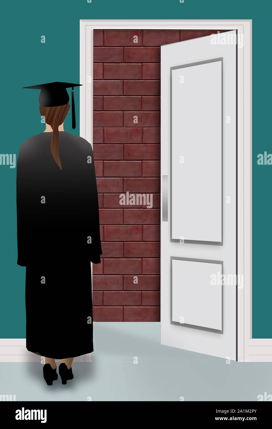 A graduate in cap and gown finds a brick wall when looking through a ...