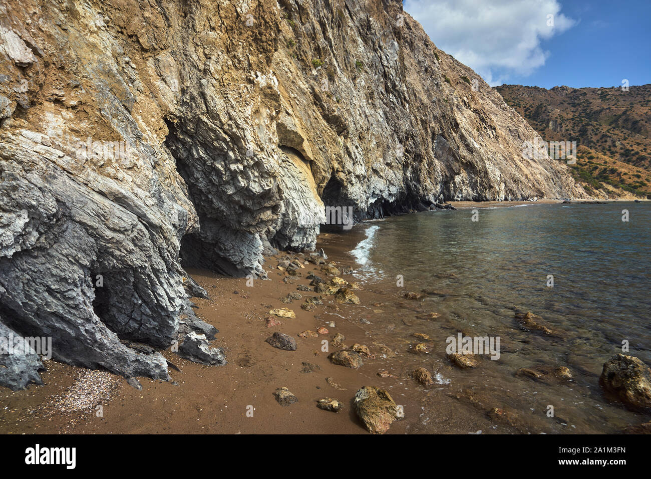 Stone cliff and Sandy beach on the island of Zakynthos in Greece Stock ...