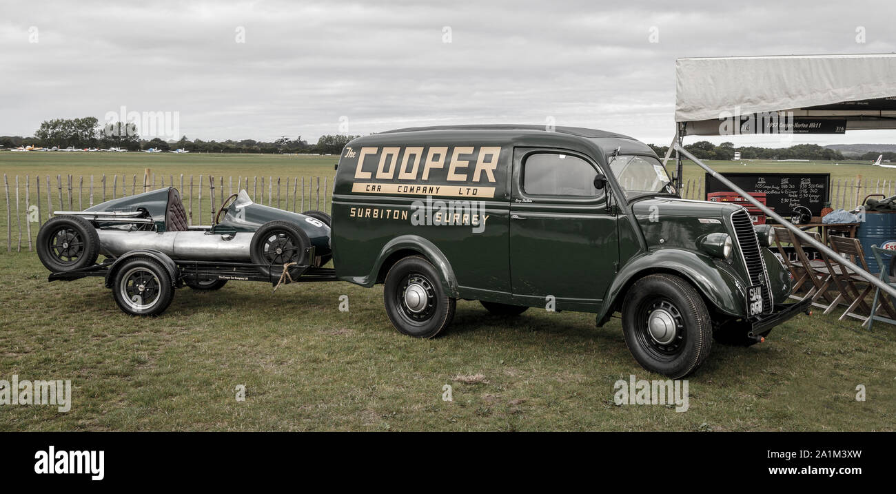 1954 Fordson E83W van with trailer containing 1950 Cooper-Jap race car ...
