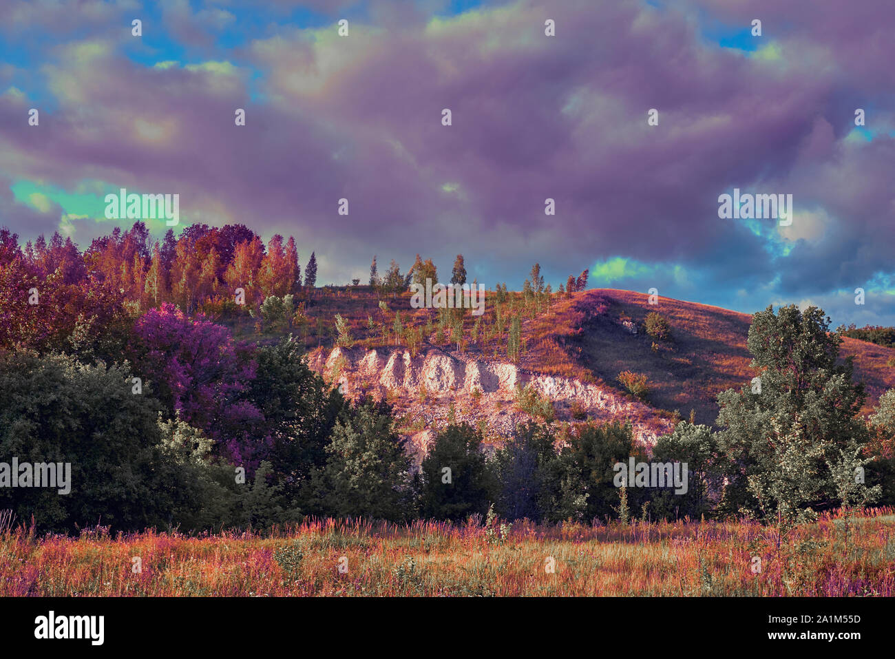 Рoetic rural landscape with grass, dramatic sky and puffy clouds ...