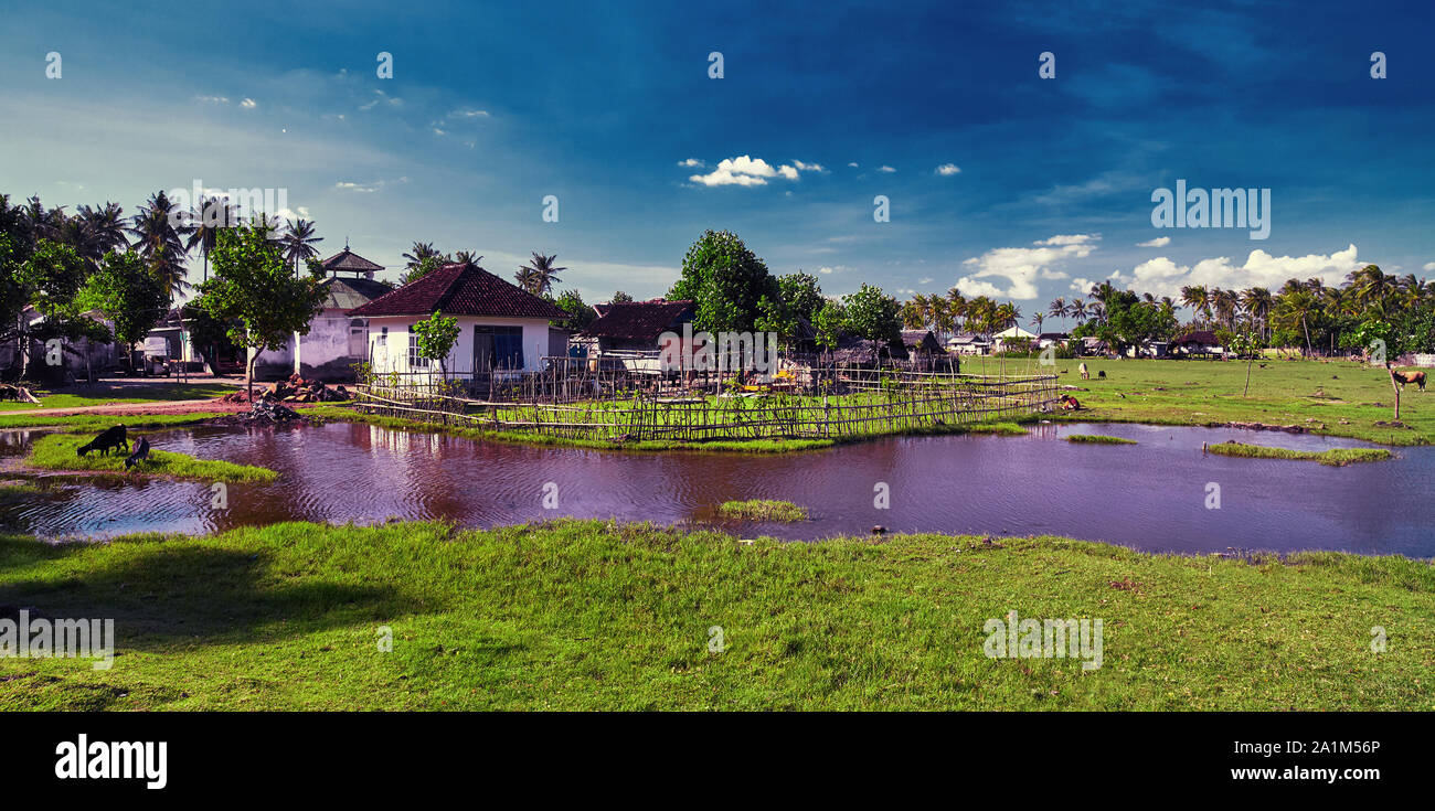 Traditional Balinese farm house near the rice field, rural landscape ...