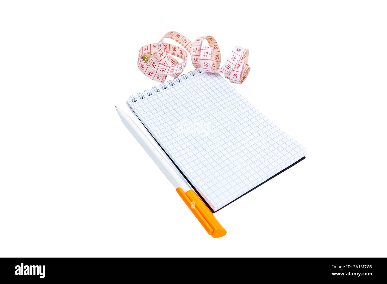 Measuring tape, notepad, pen lie on a white background Stock Photo - Alamy