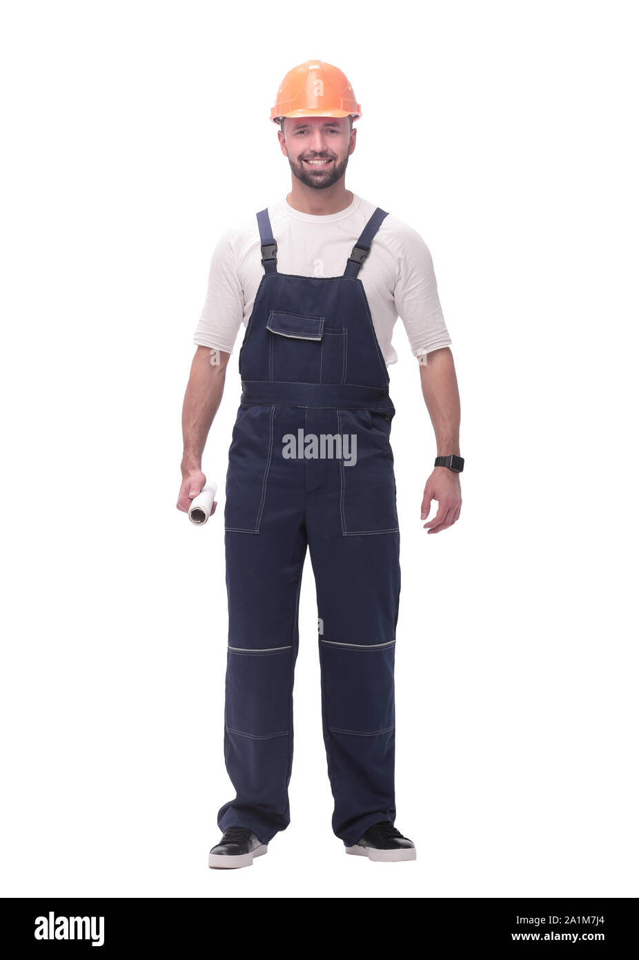 in full growth. competent worker with drawings Stock Photo - Alamy