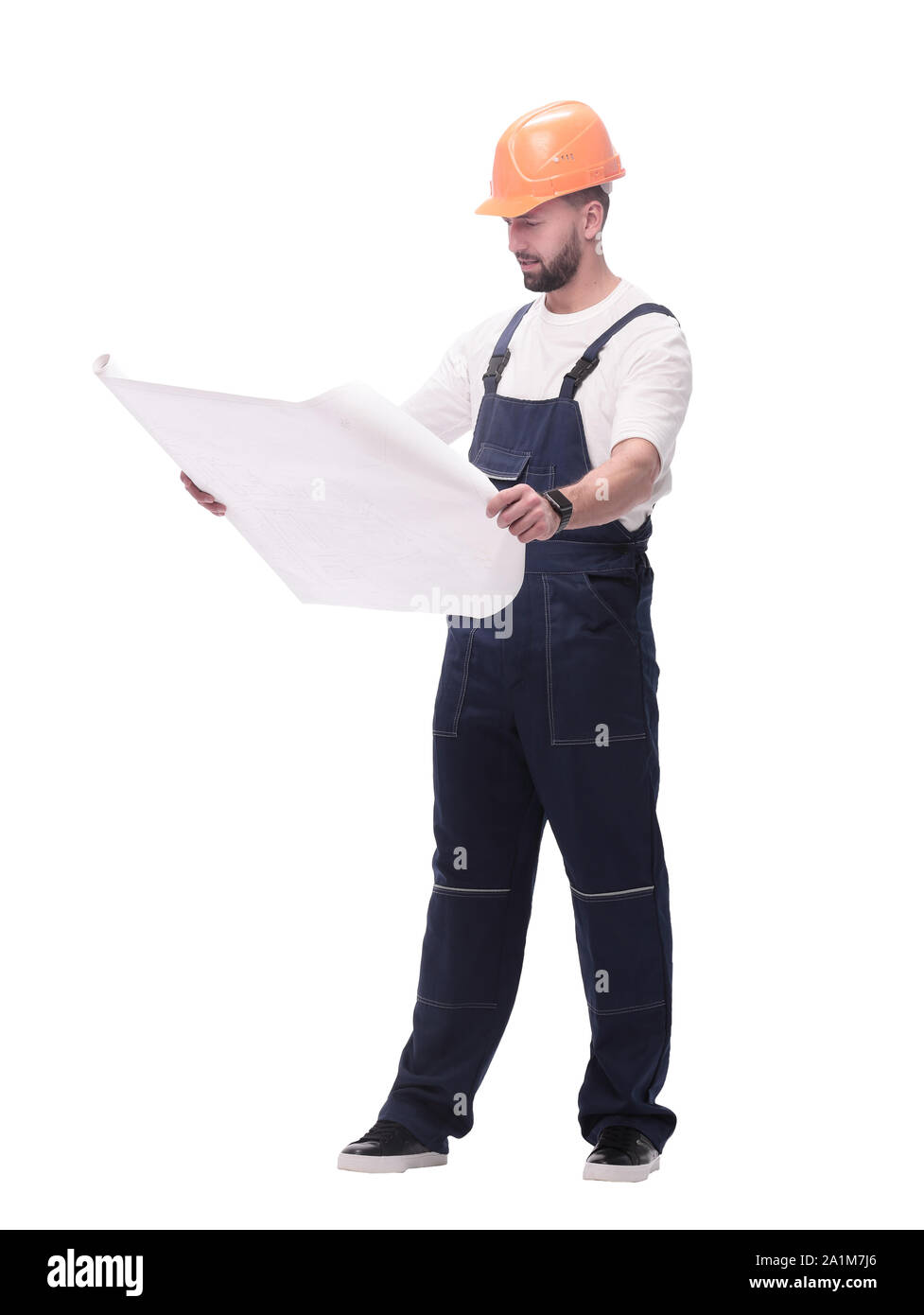competent foreman Builder looking at drawings. isolated on white Stock ...