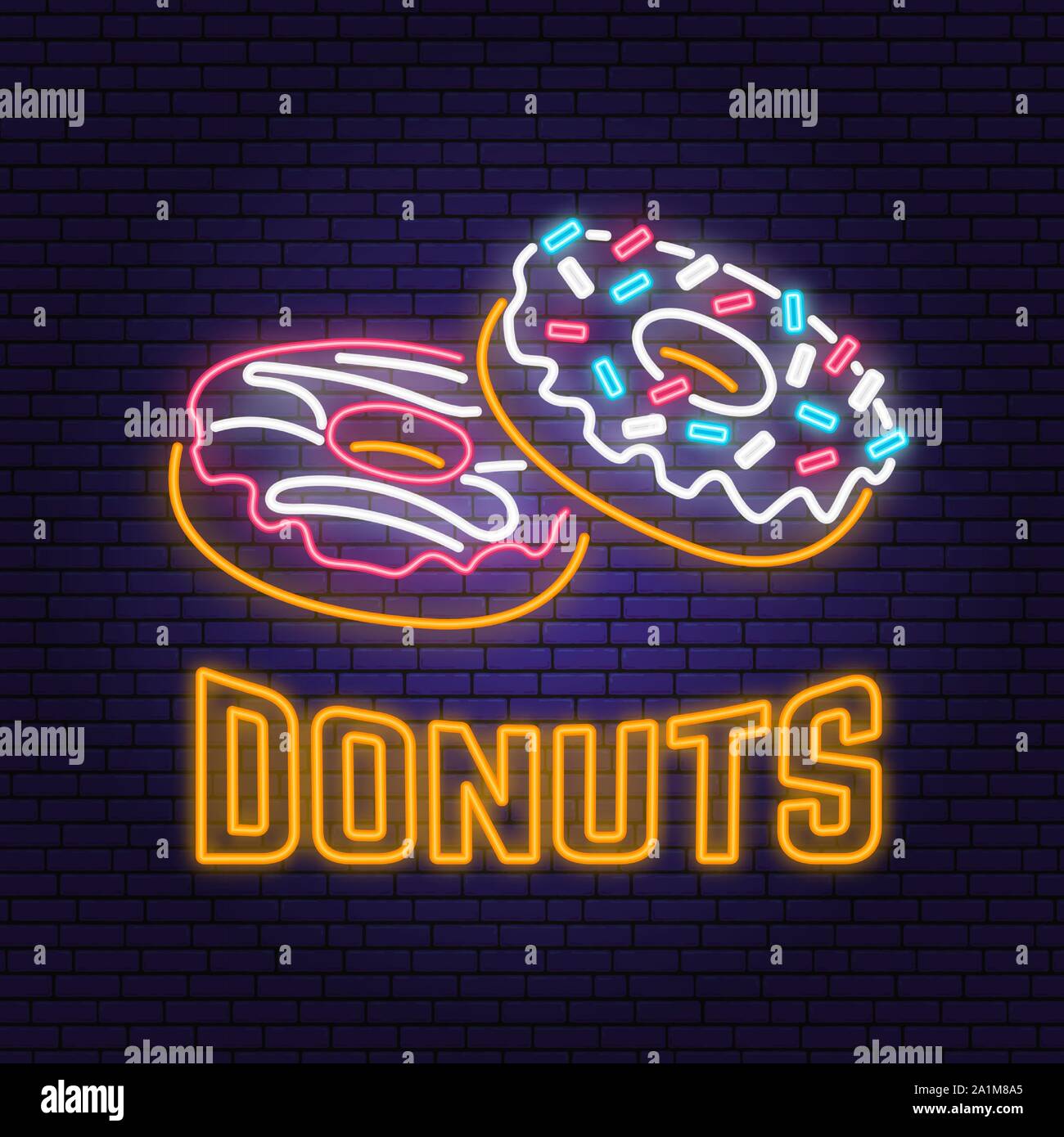 Neon donuts retro sign on brick wall background. Design for cafe ...