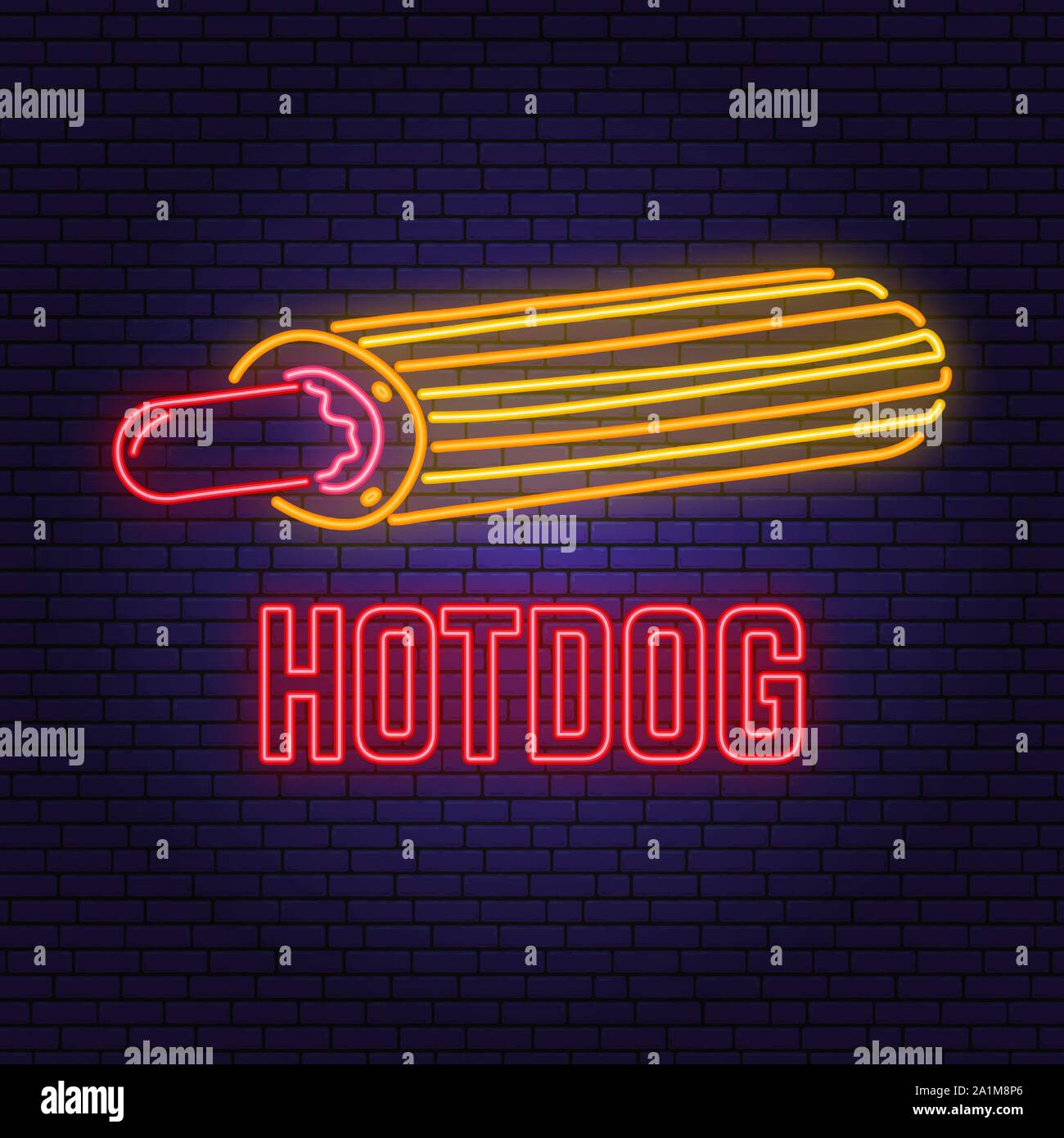 Neon hot dog france retro sign on brick wall background. Design for ...