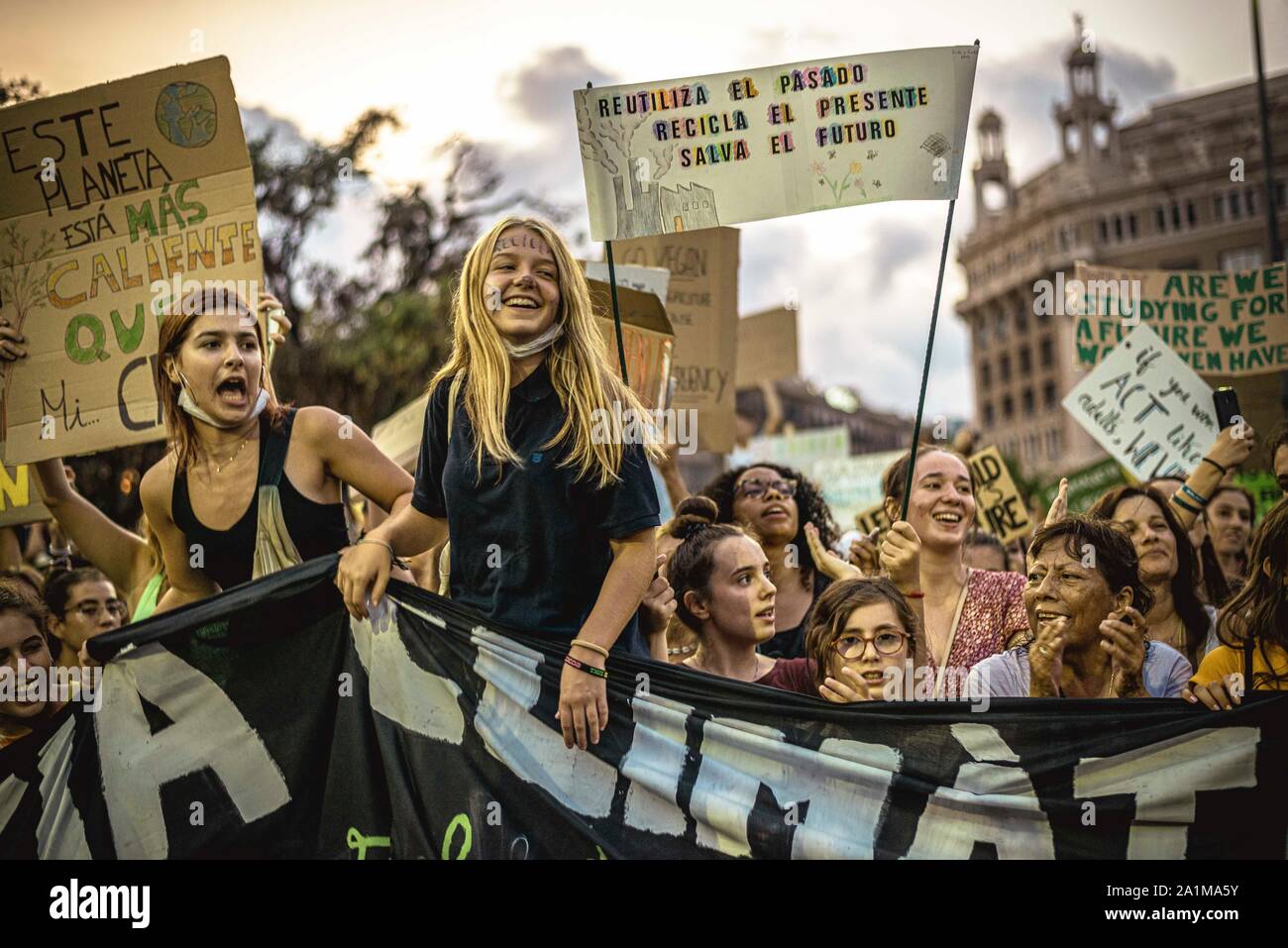 Barcelona, Spain. 27 September, 2019: Activists shout slogans as they ...