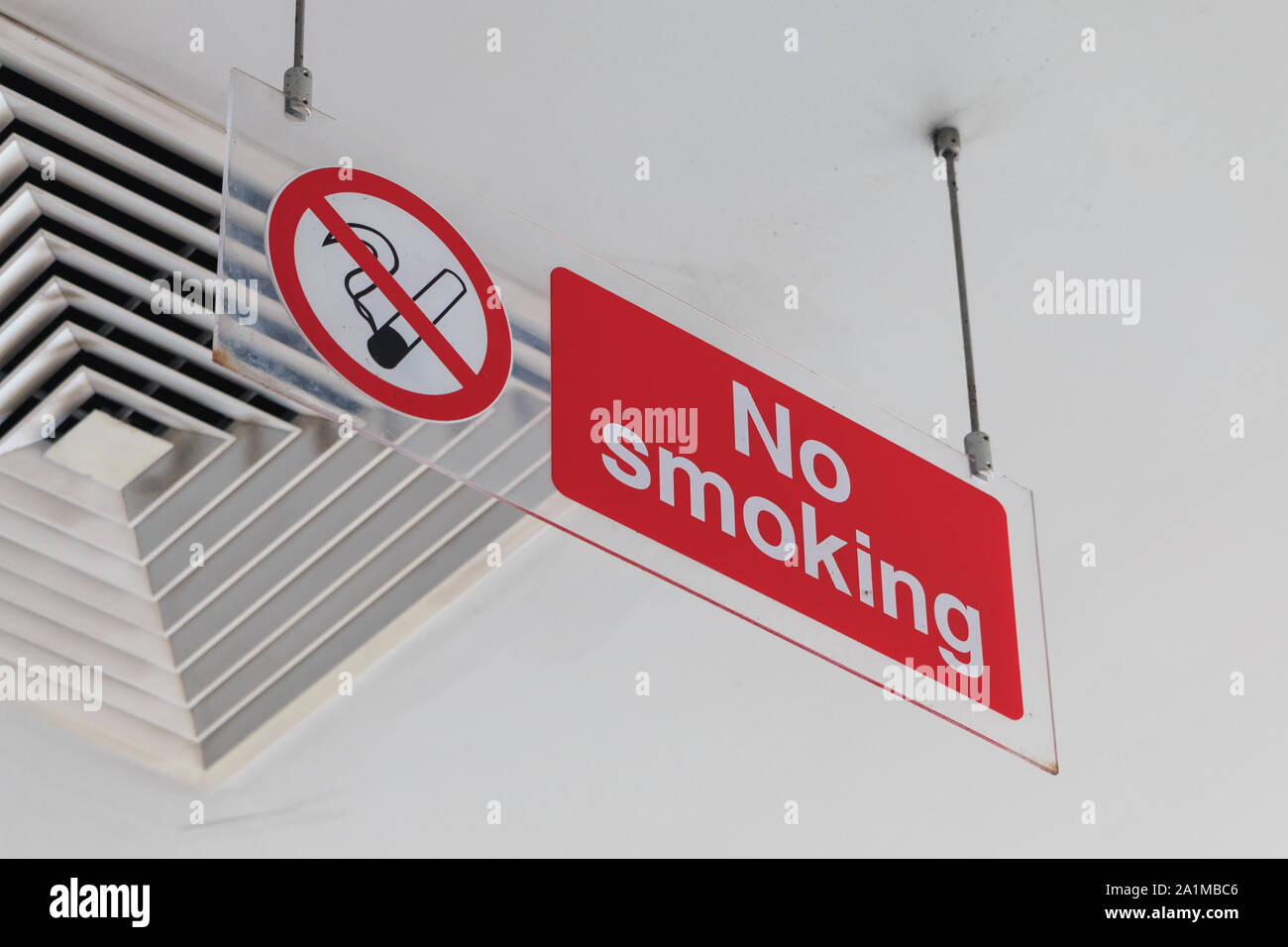 Acrylic no smoking sign attached on ceiling. View from below Stock ...