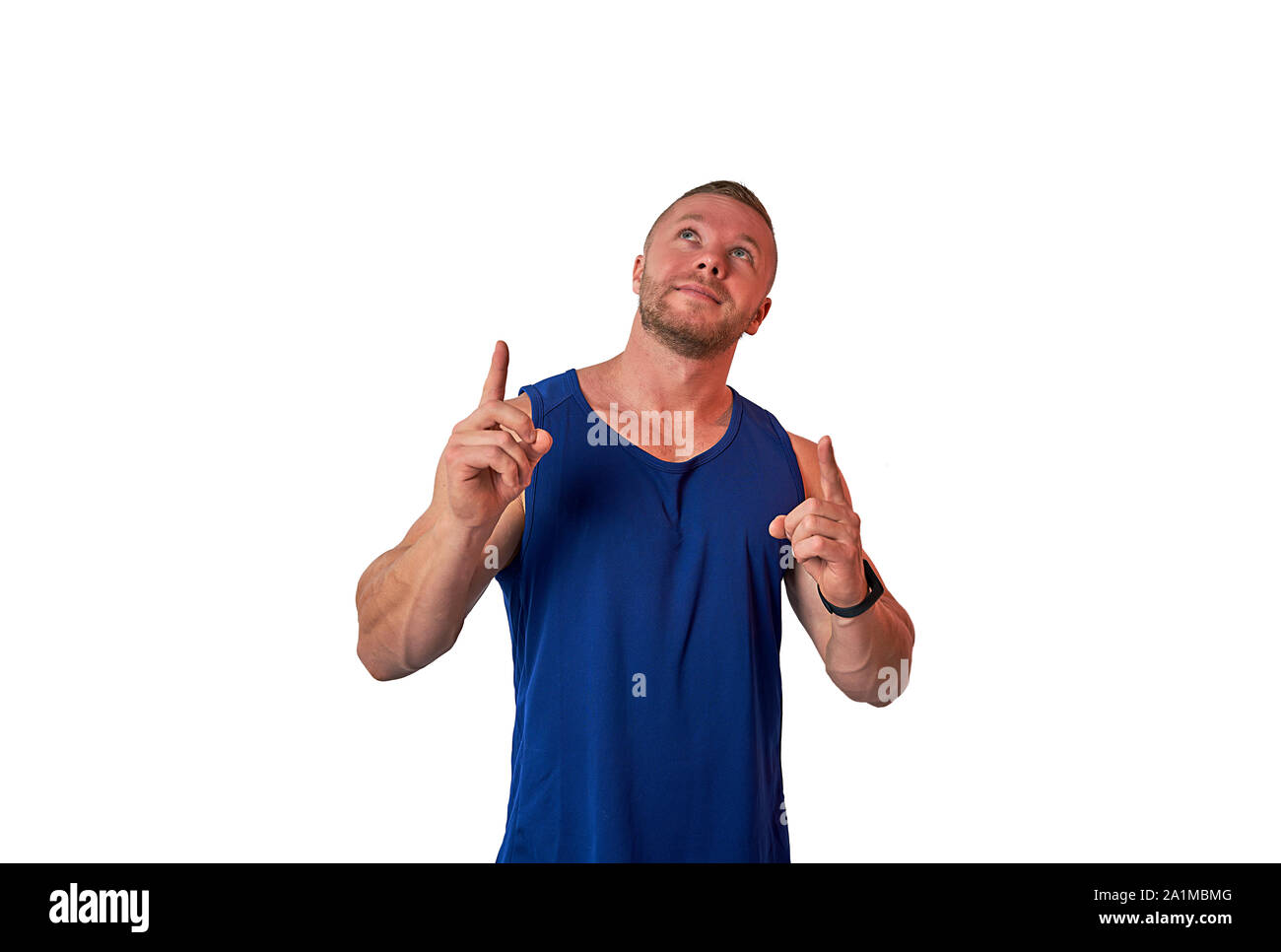 athlete shows his hands to the side on a white background Stock Photo ...
