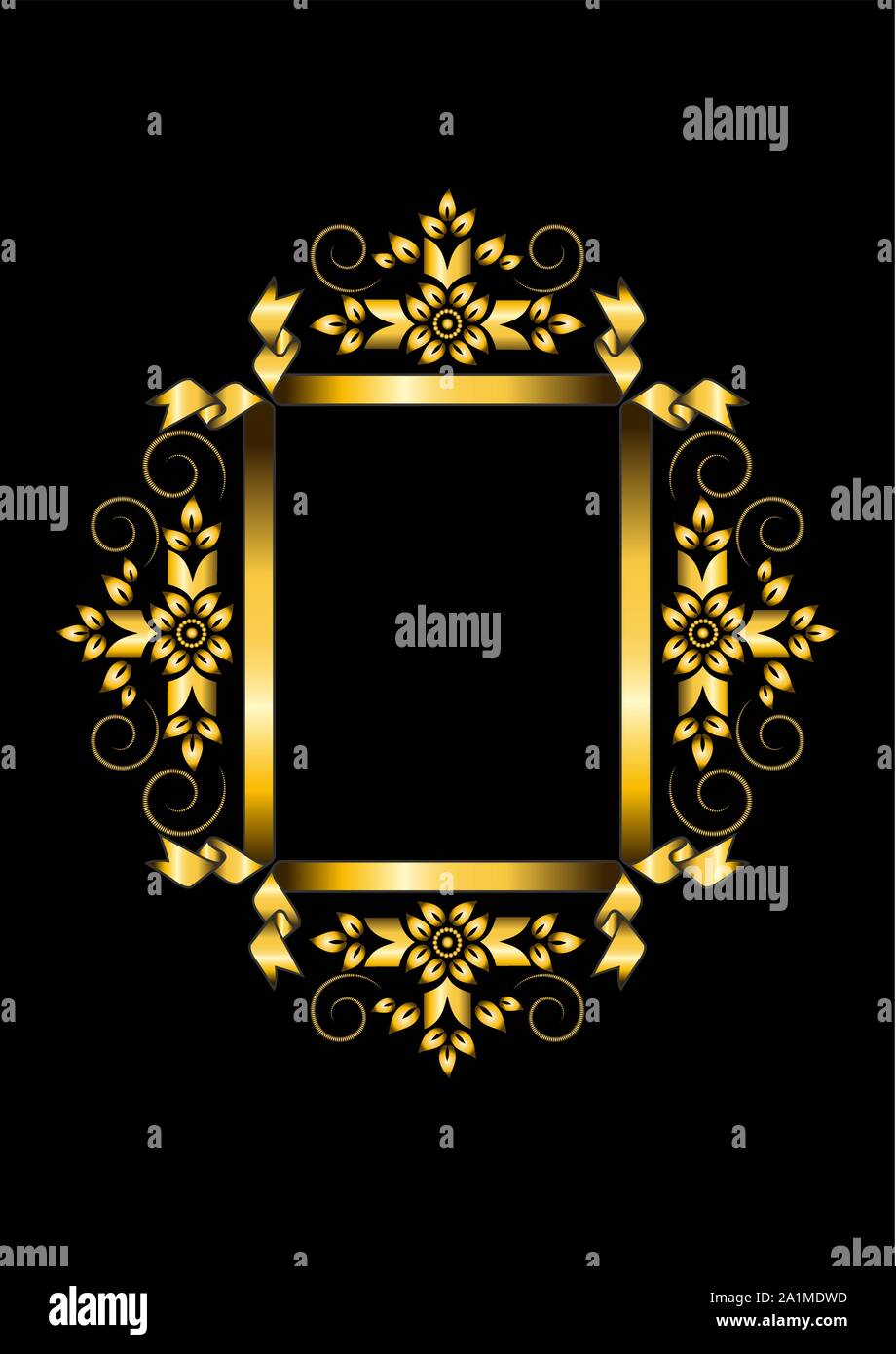 Gold rectangular ribbon frame with curved edges and swirling patterns ...