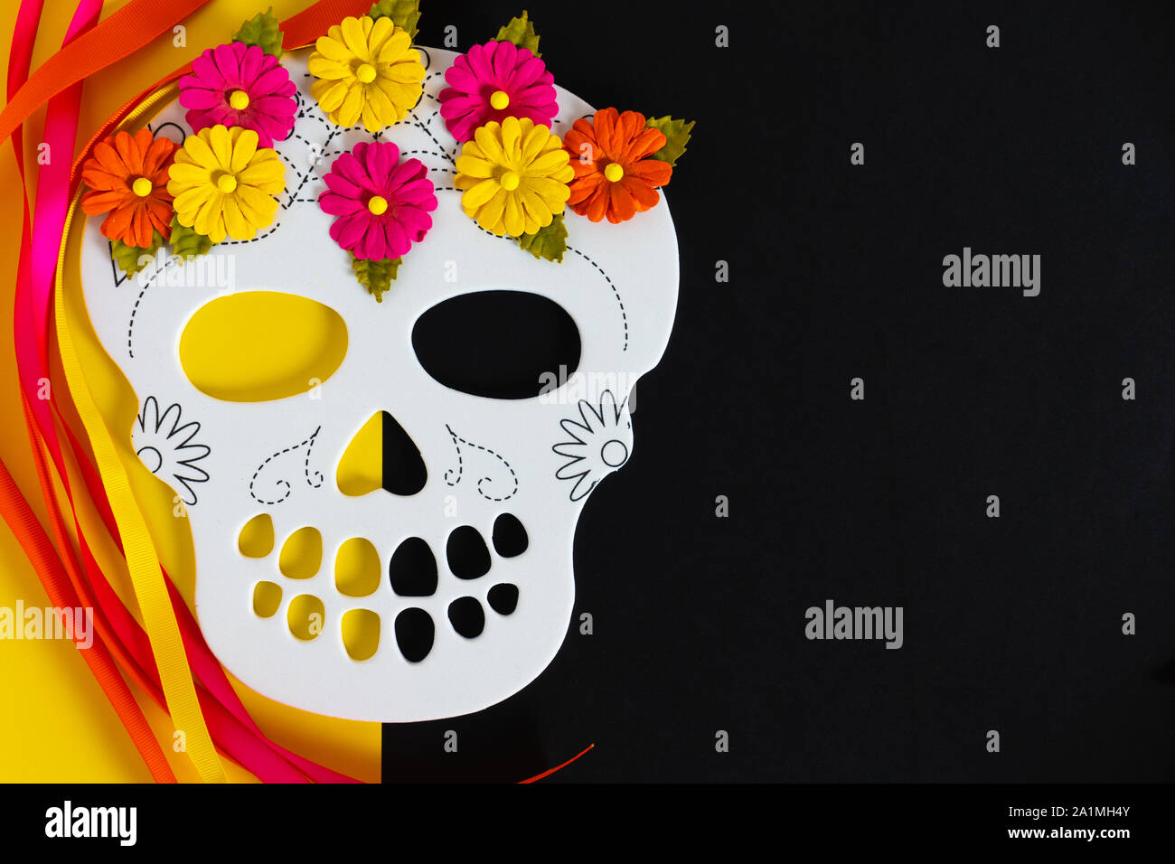 day of the dead or Día de los Muertos background of a white skeleton ...