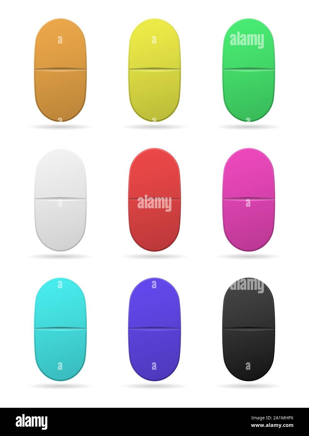 Medicinal tablets. Set of oval tablets of different colors. Isolated ...