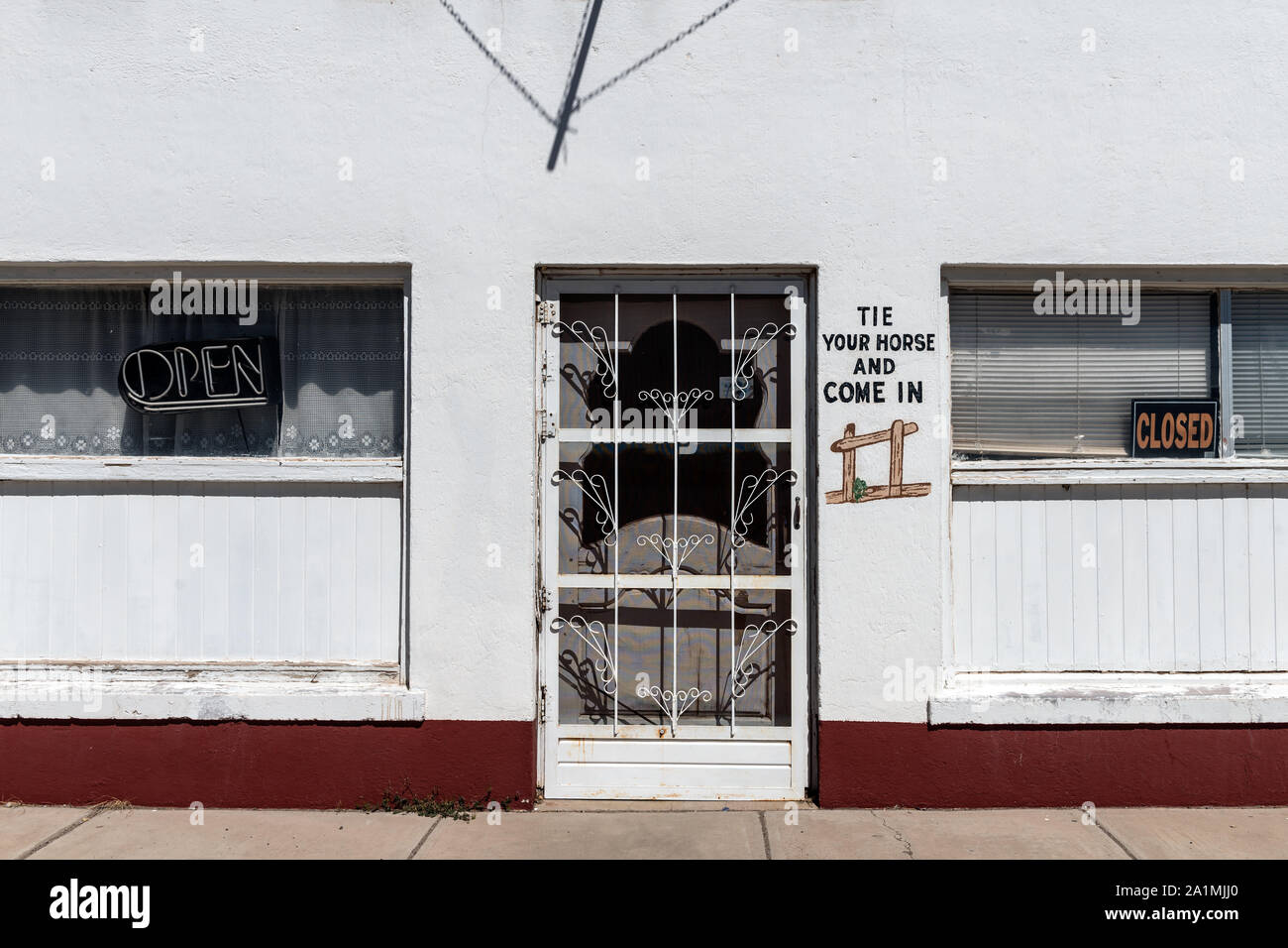 Old restaurant with a clever welcome sign in Marfa, the seat of ...