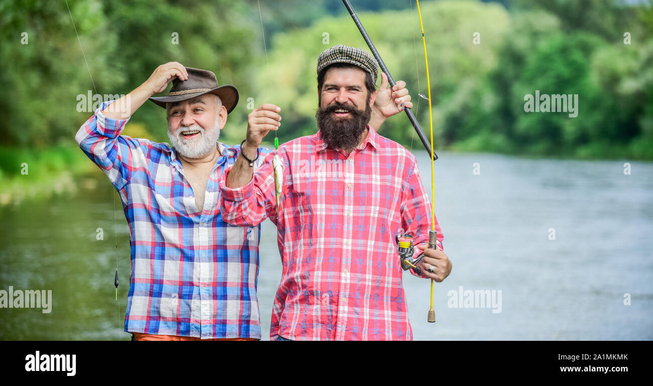 Fisherman with fishing rod. Bearded men catching fish. Mature man with ...