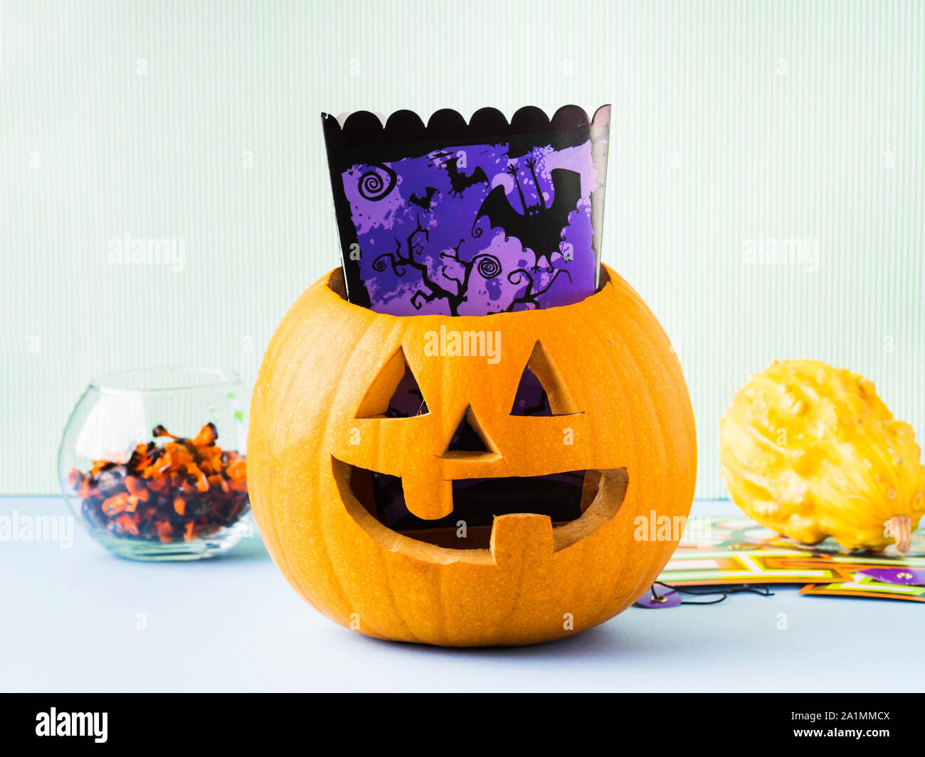 Halloween carved squash bright still life background. Holiday party ...