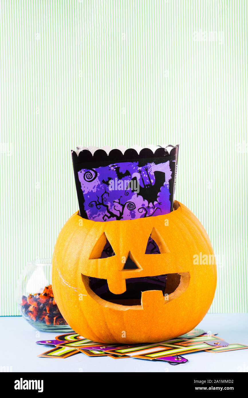 Halloween carved squash bright still life background. Holiday party ...