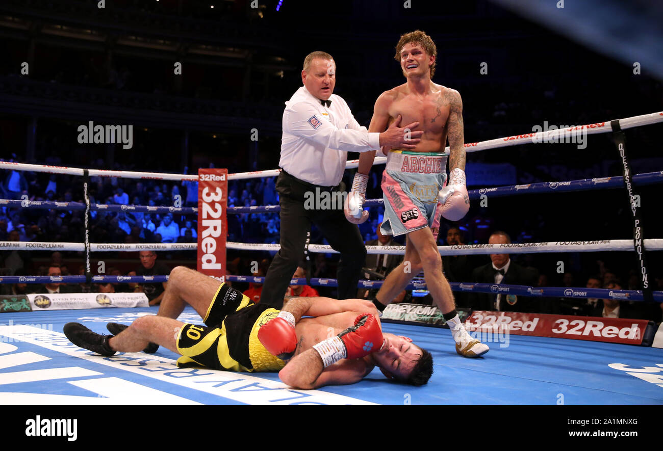 Archie Sharp reacts after knocking down Declan Geraghty in their WBO ...