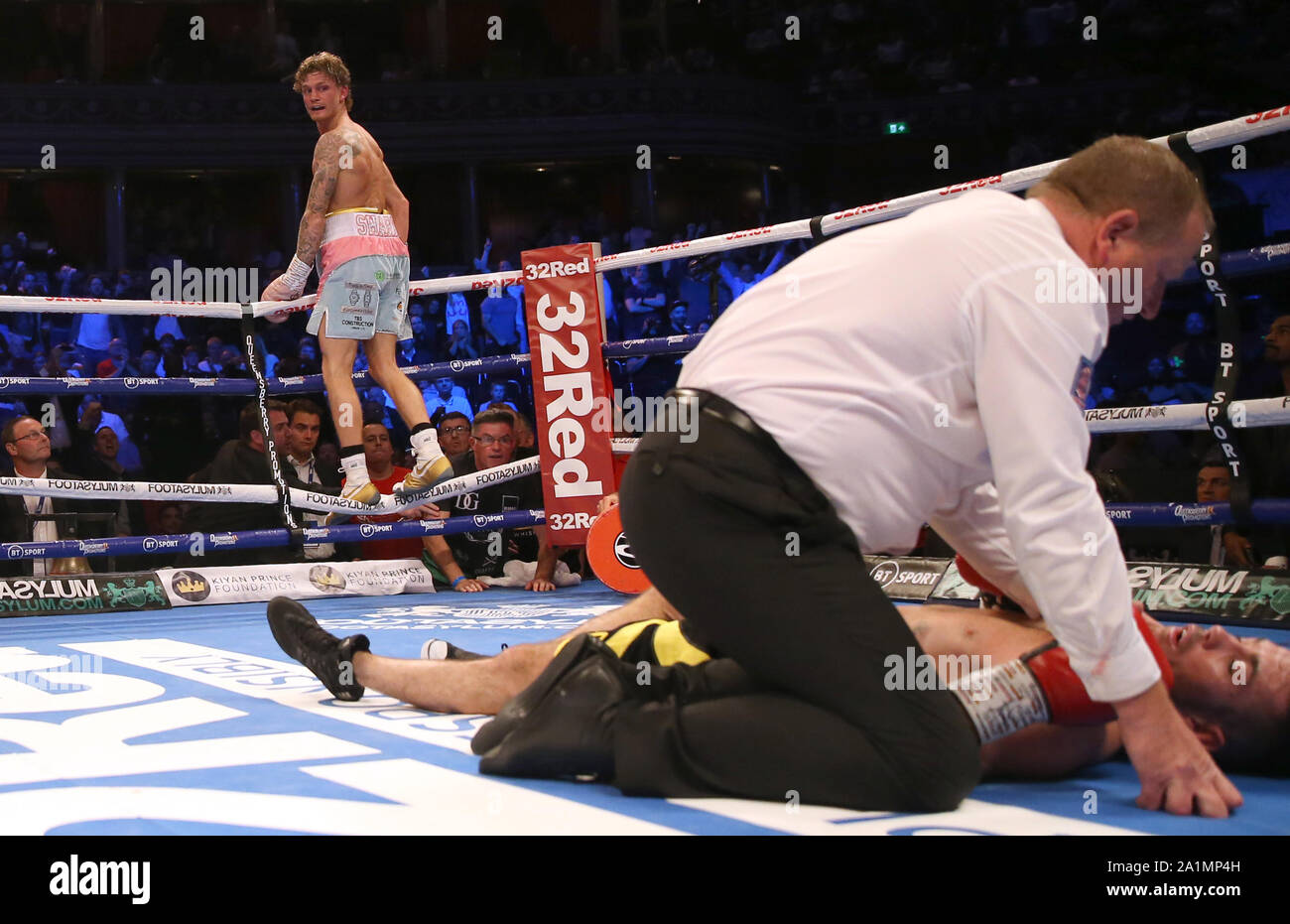 Archie Sharp reacts after knocking down Declan Geraghty in their WBO ...