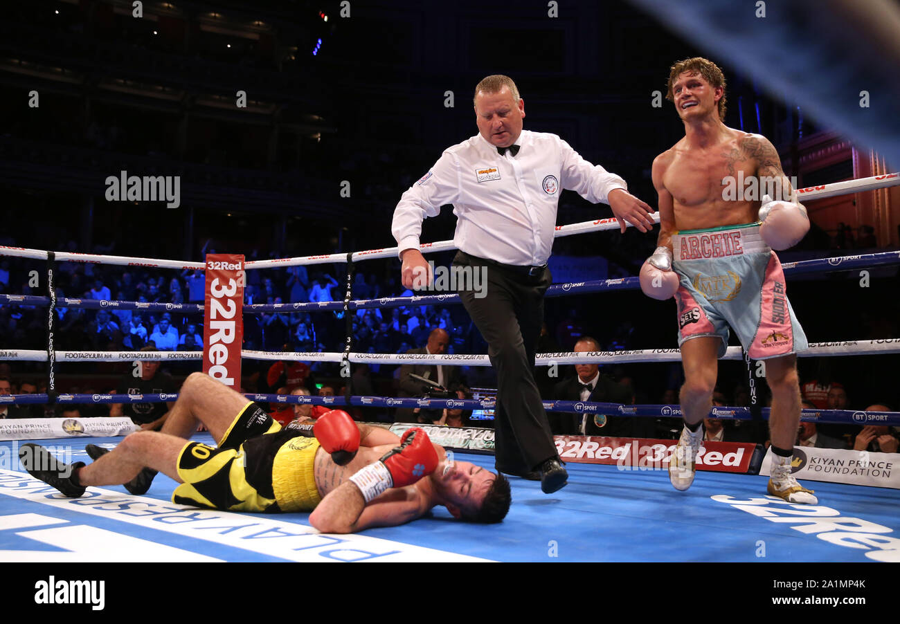 Archie Sharp reacts after knocking down Declan Geraghty in their WBO ...
