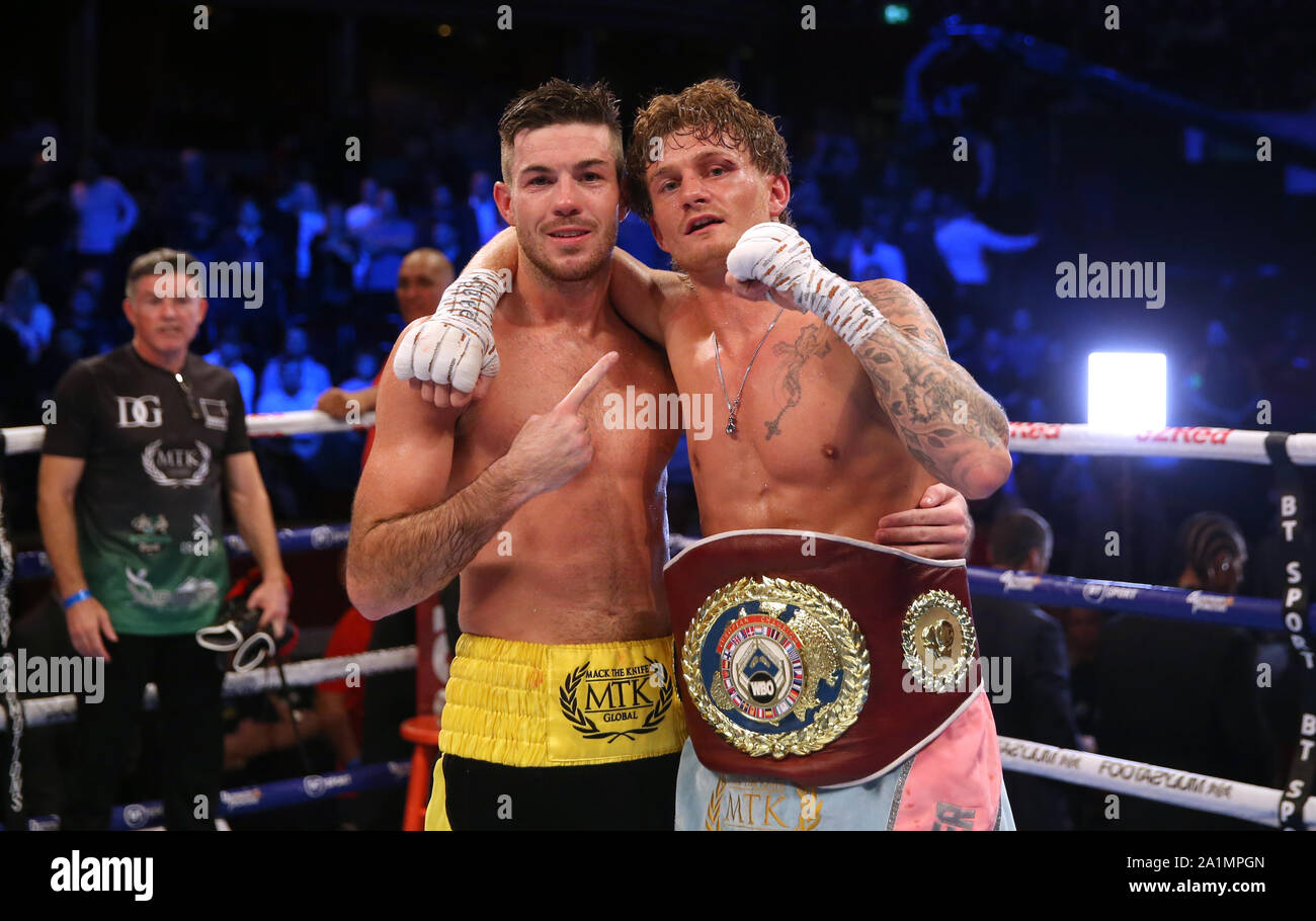Archie Sharp (right) celebrates beating Declan Geraghty in their WBO ...