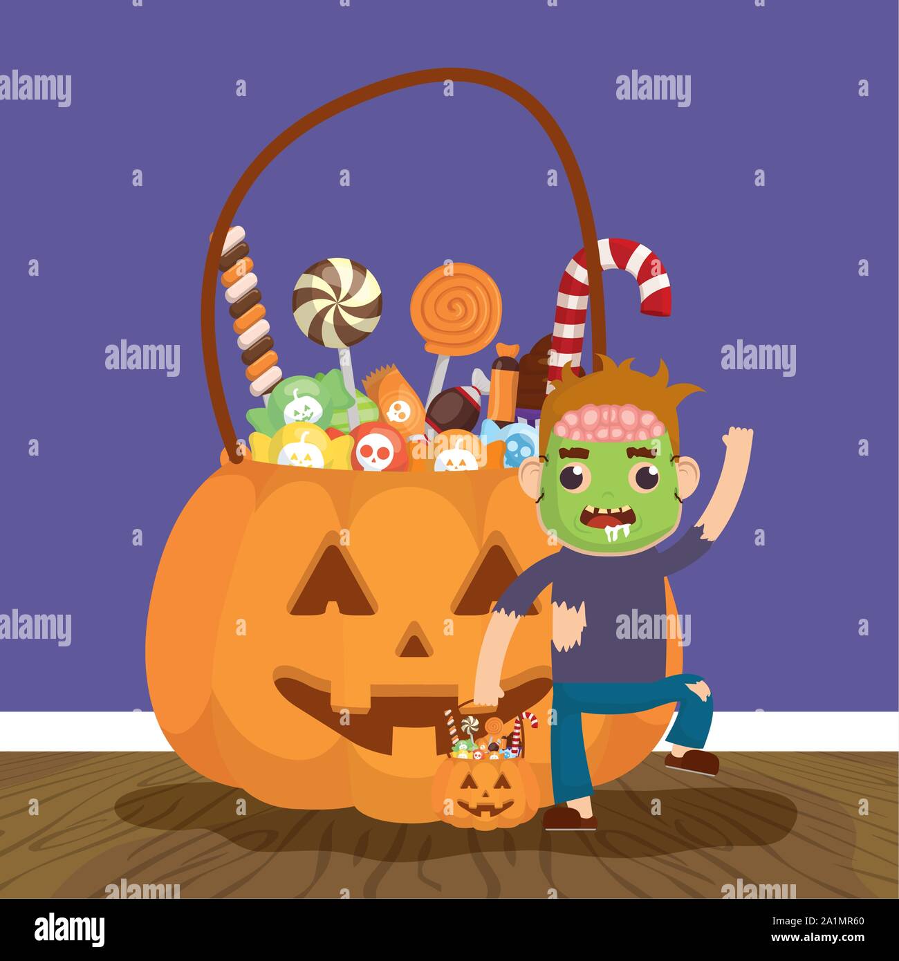 little boy with zombie disguise and candies pumpkin Stock Vector Image ...