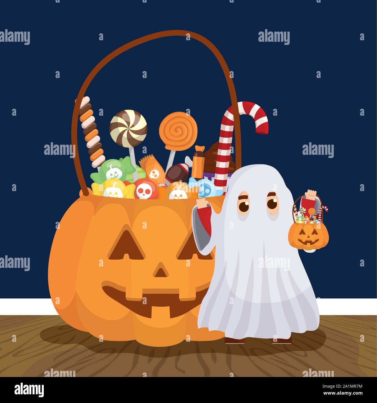 little boy with ghost disguise and candies pumpkin Stock Vector Image ...
