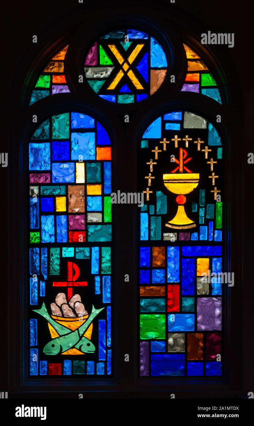 One of the clerestory stained-glass windows at Our Lady of Guadalupe ...