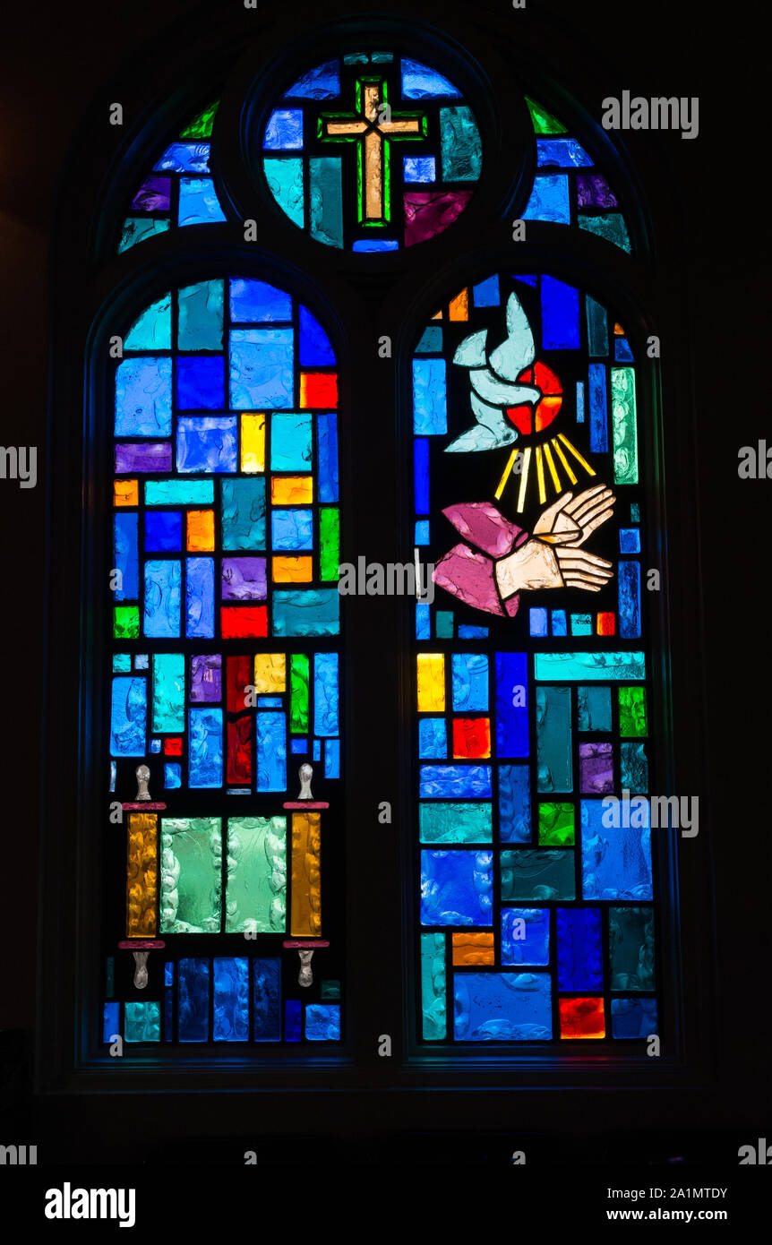 One of the clerestory stained-glass windows at Our Lady of Guadalupe ...