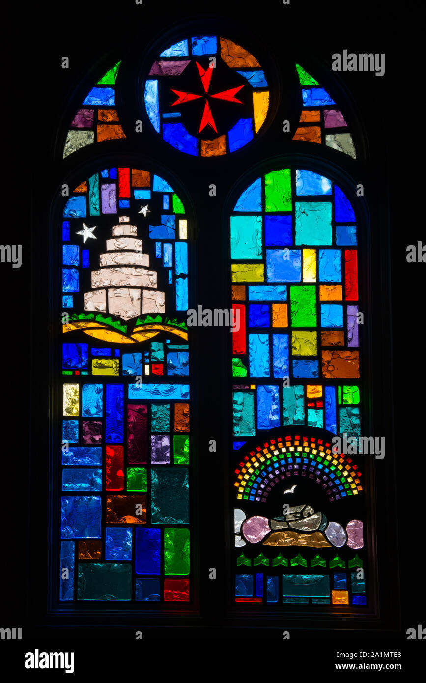 One of the clerestory stained-glass windows at Our Lady of Guadalupe ...