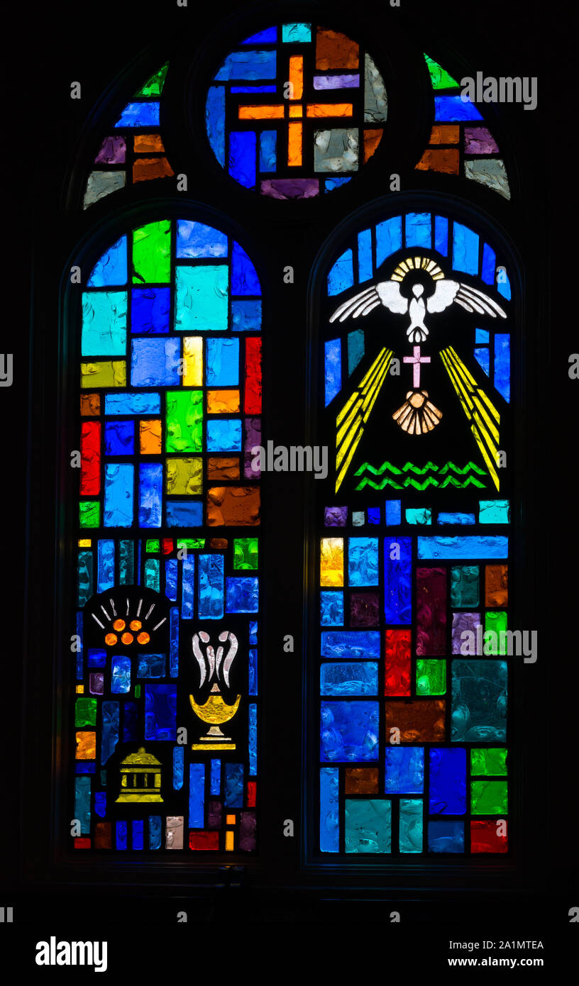 One of the clerestory stained-glass windows at Our Lady of Guadalupe ...