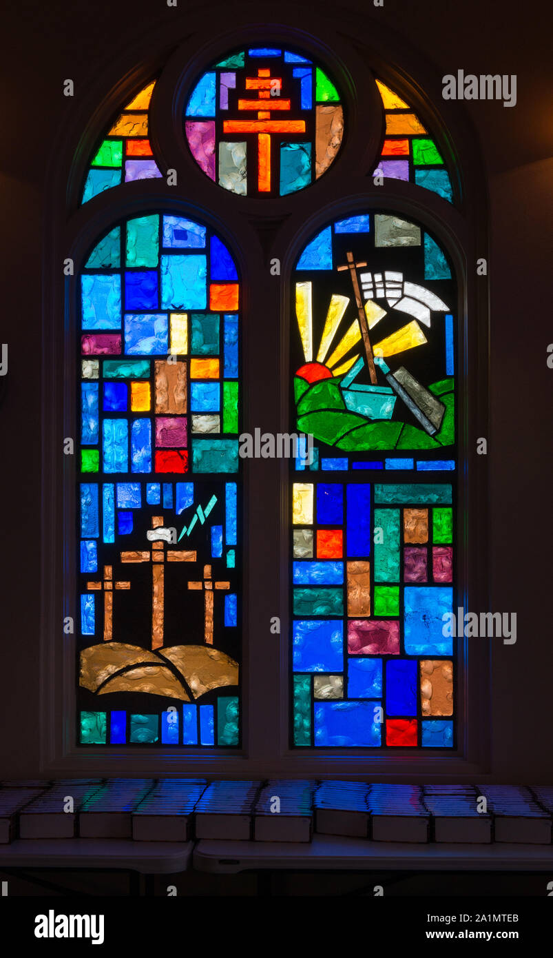 One of the clerestory stained-glass windows at Our Lady of Guadalupe ...