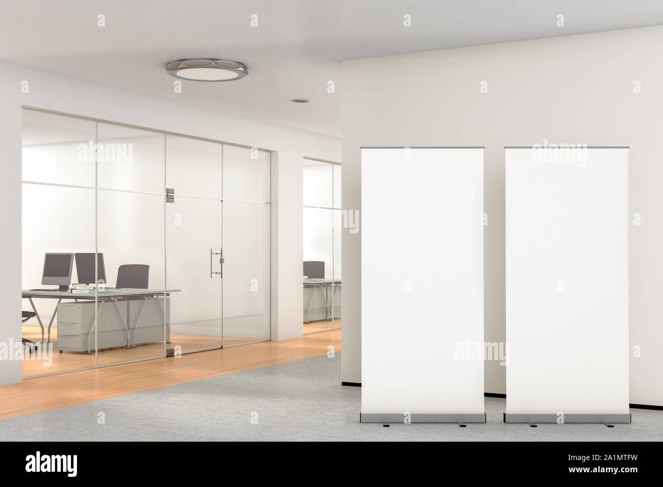 Blank two roll up banner stands in modern office with clipping path ...