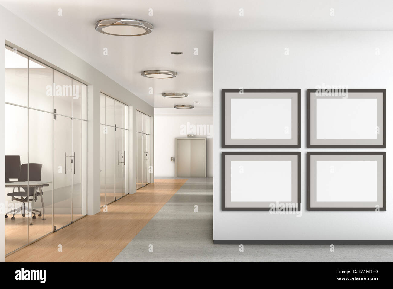 Blank four horizontal posters on the wall in modern office with ...