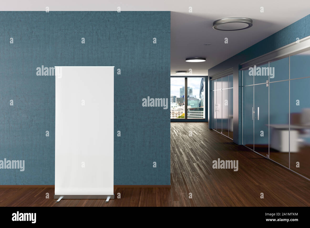 Blank roll up banner stands in cyan modern office interior Stock Photo ...