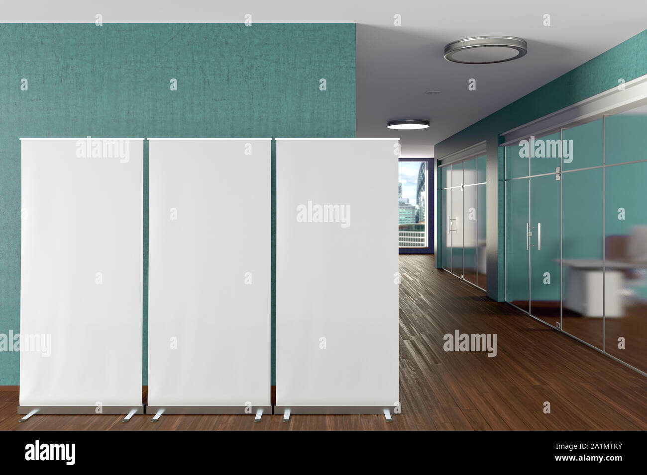 Three blank roll up banner stands mockup in cyan modern office interior ...