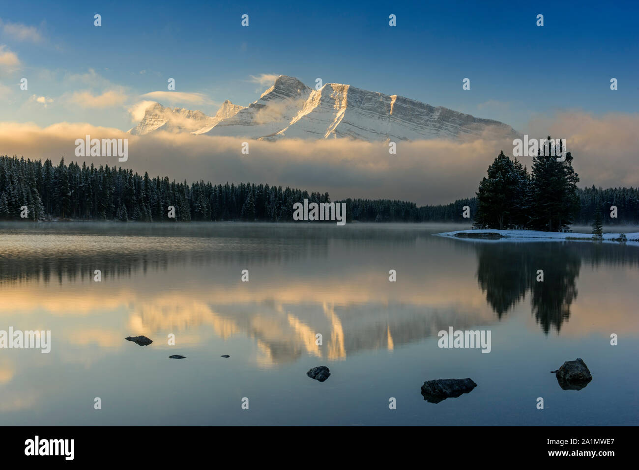 Mt. Rundle reflected in Two Jack Lake, Banff National Park, Alberta ...