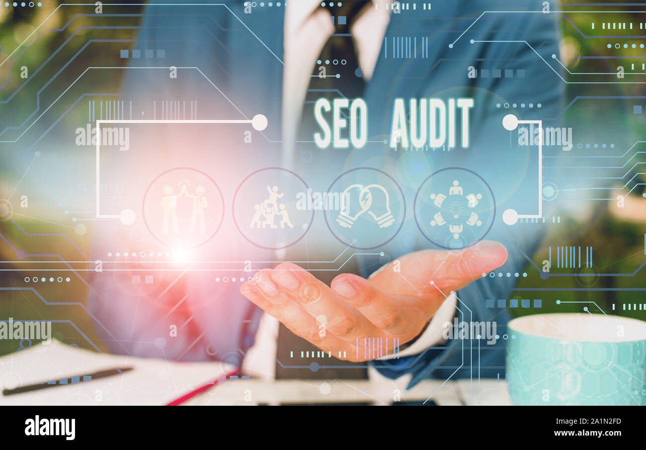 Text sign showing Seo Audit. Business photo showcasing Search Engine Optimization validating and ...