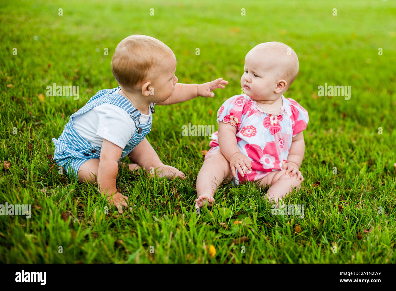 Two happy baby boy and a girl age 9 months old, sitting on the grass ...