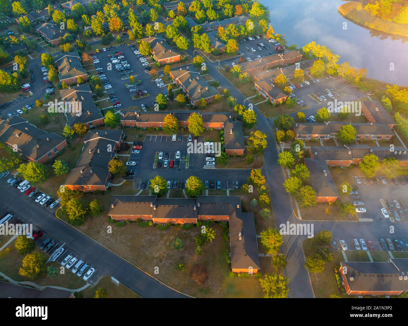 Aerial bird eye view houses of low rise houses in quite sleep area in ...