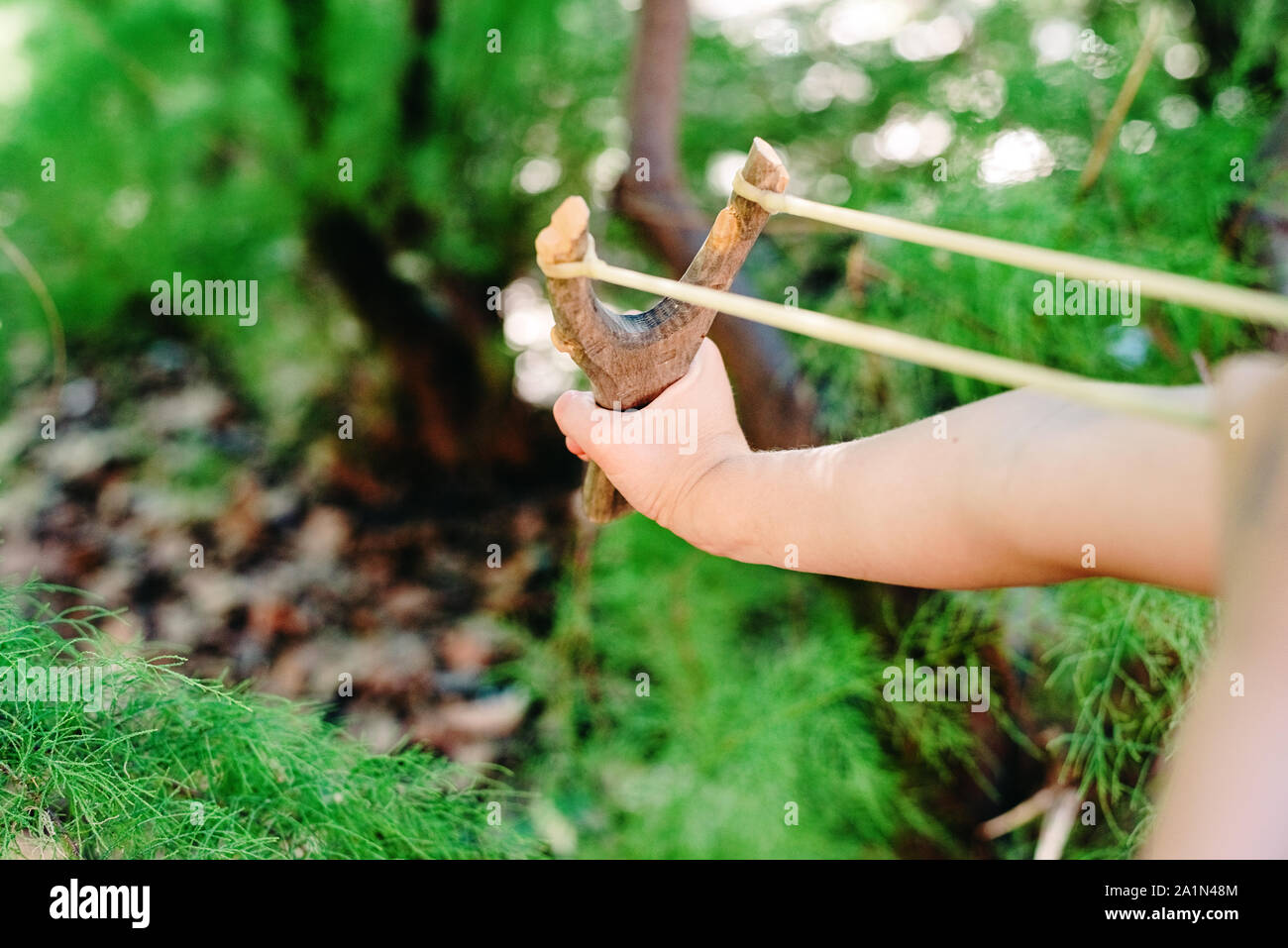 Boy enjoying his summer vacation throwing rocks with a slingshot in a ...