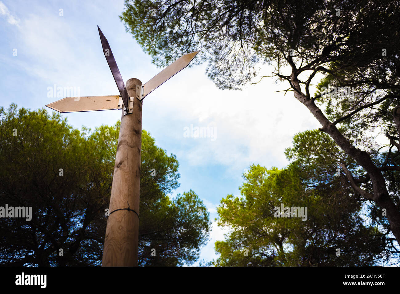 Hikers use the posts with signs marked with colors to guide the trails ...