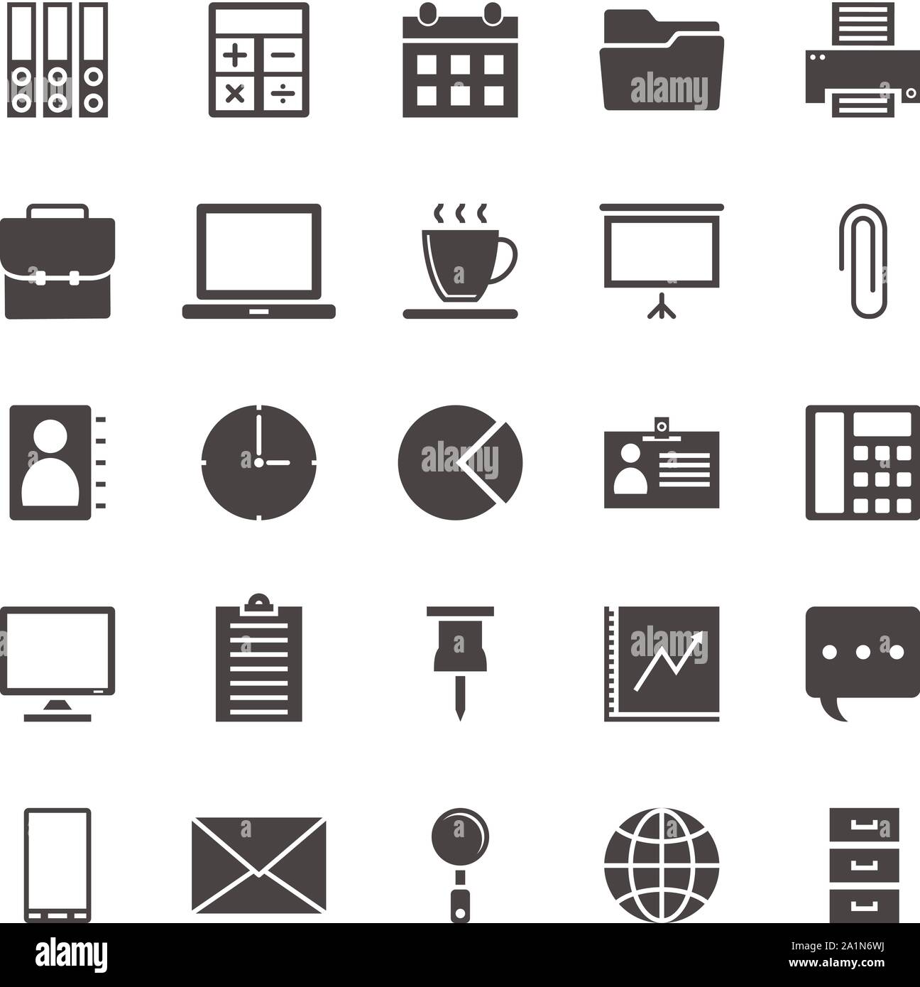 Solid icons of office icons on white background. 64x64 pixel perfect ...
